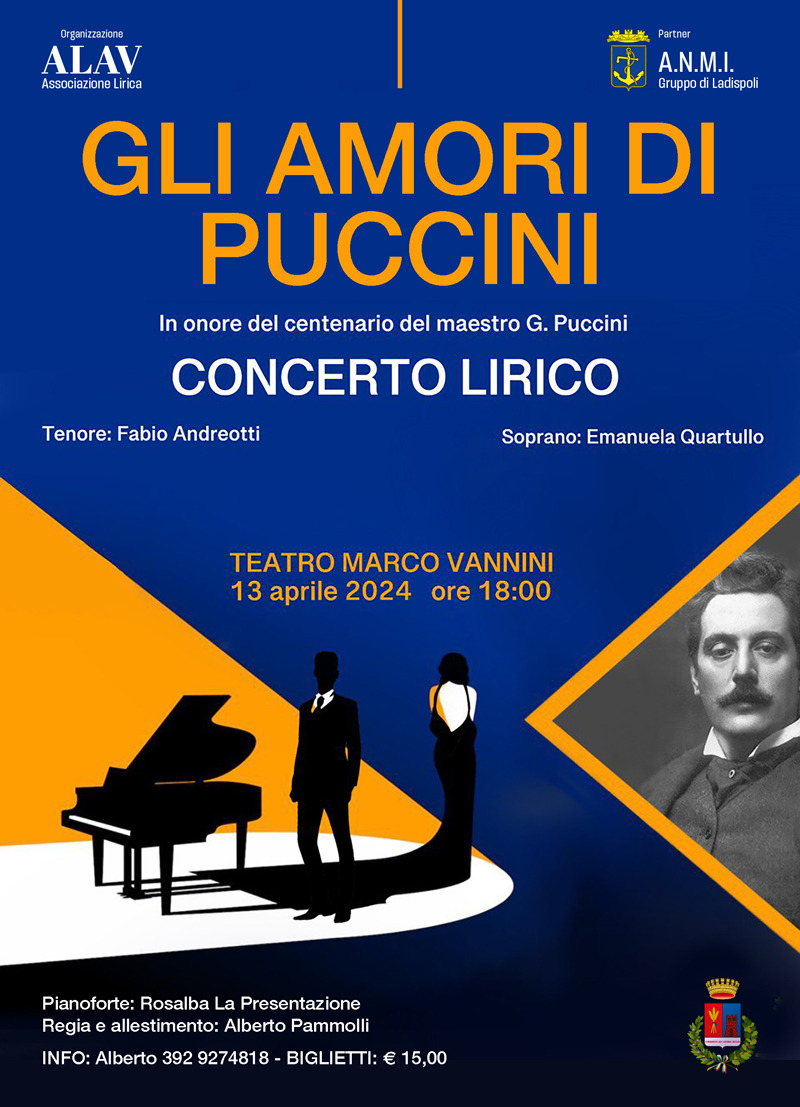 Locandina - Ladispoli, sabato 13 aprile al Teatro Vannini concerto lirico in onore di Giacomo ...